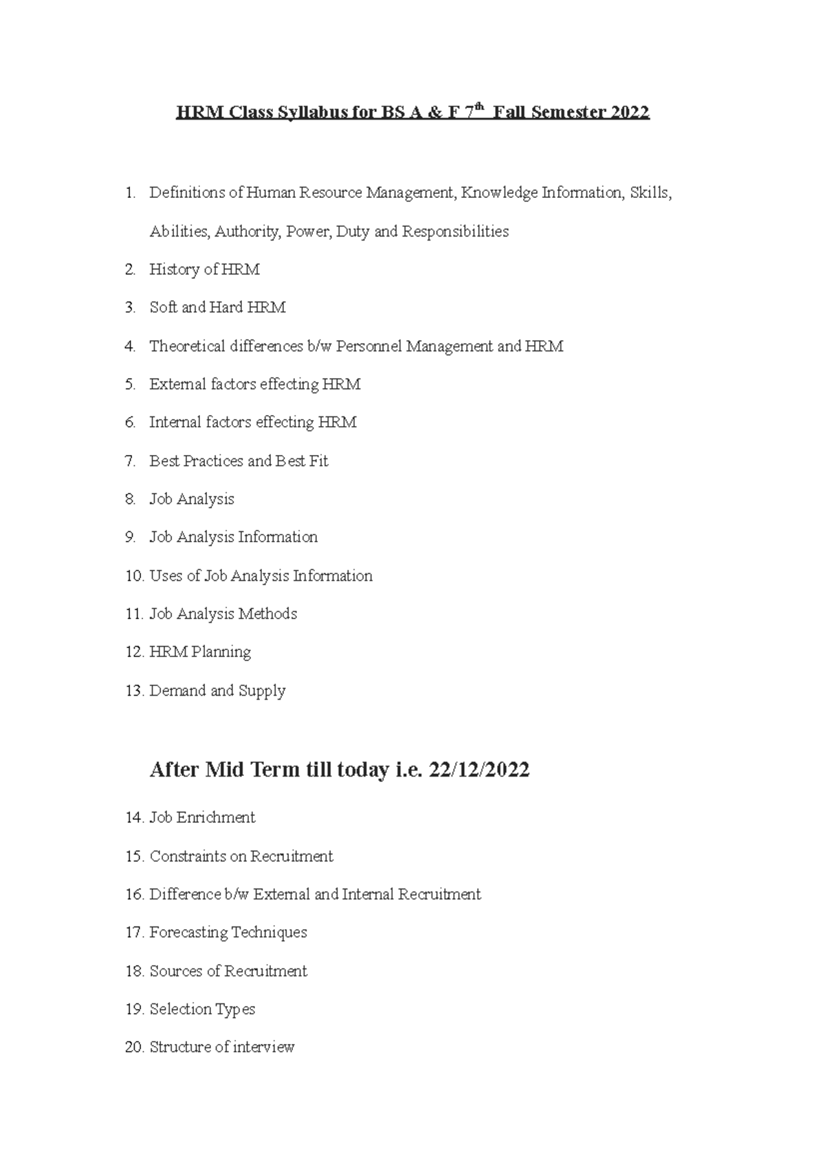 Topics covered HRM BS AF VII - HRM Class Syllabus for BS A & F 7th Fall ...