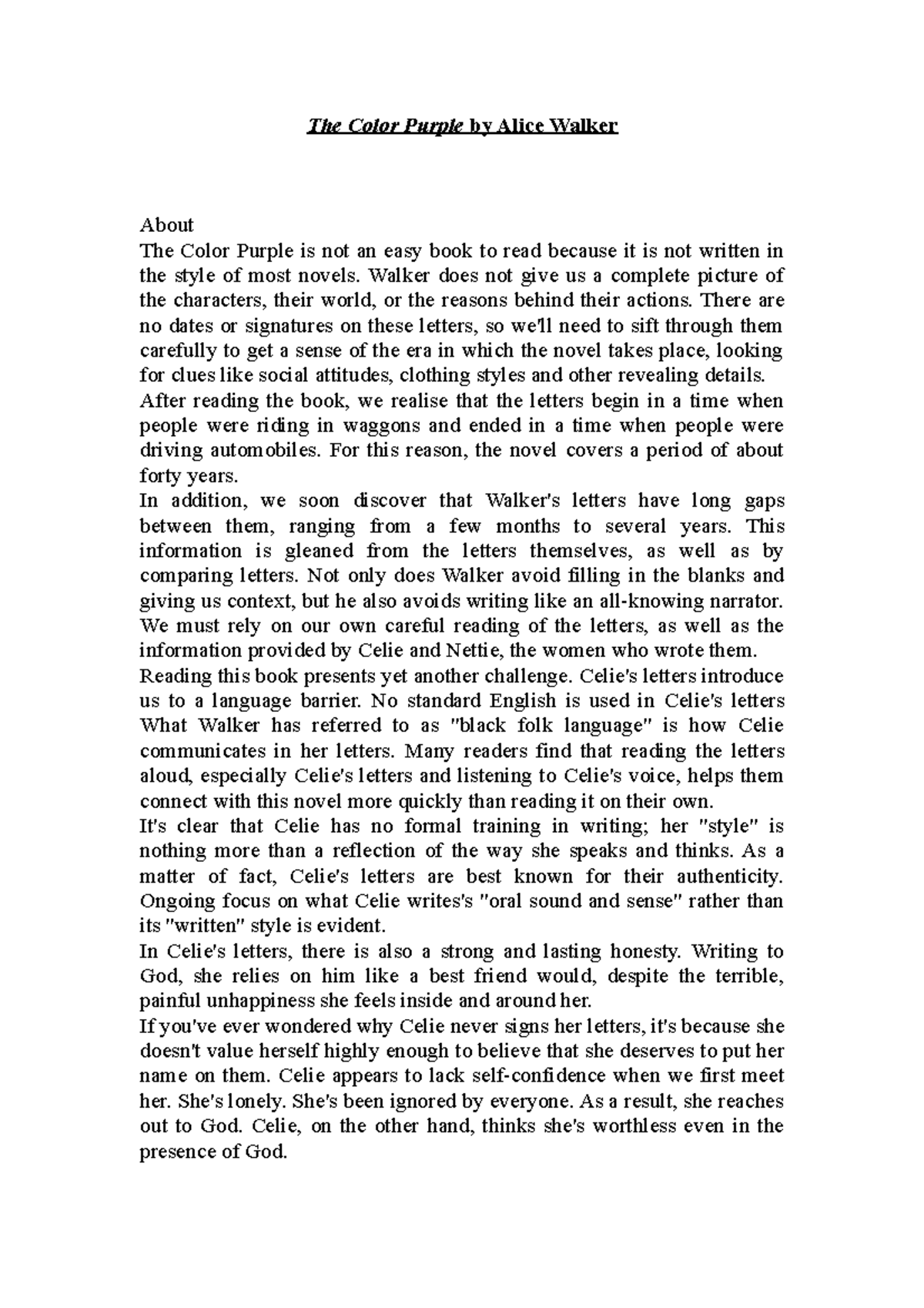 The Color Purple by Alice Walker - American Literature - AMU - Studocu