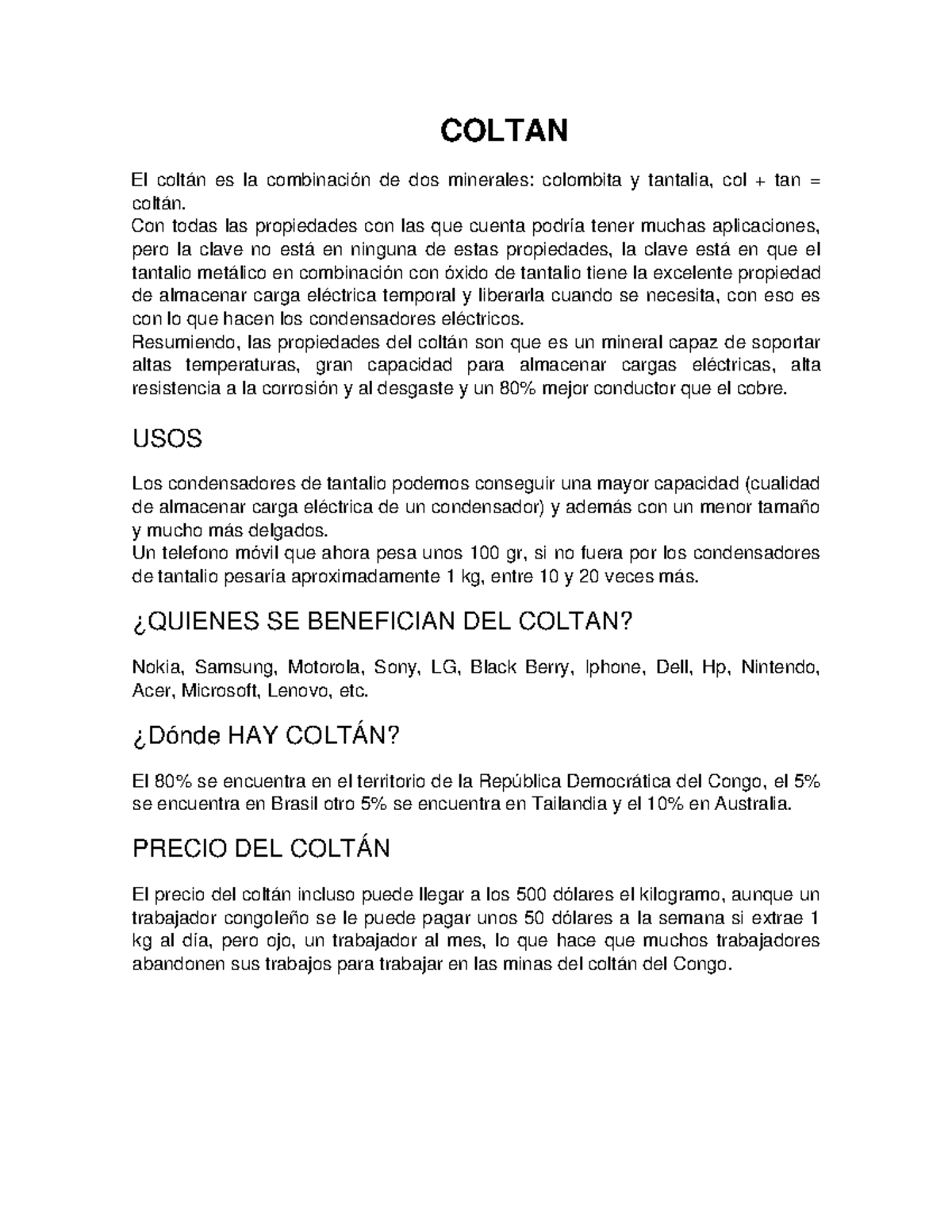 Coltán - Resumen del video el coltán oro azul de la materia de taller ...