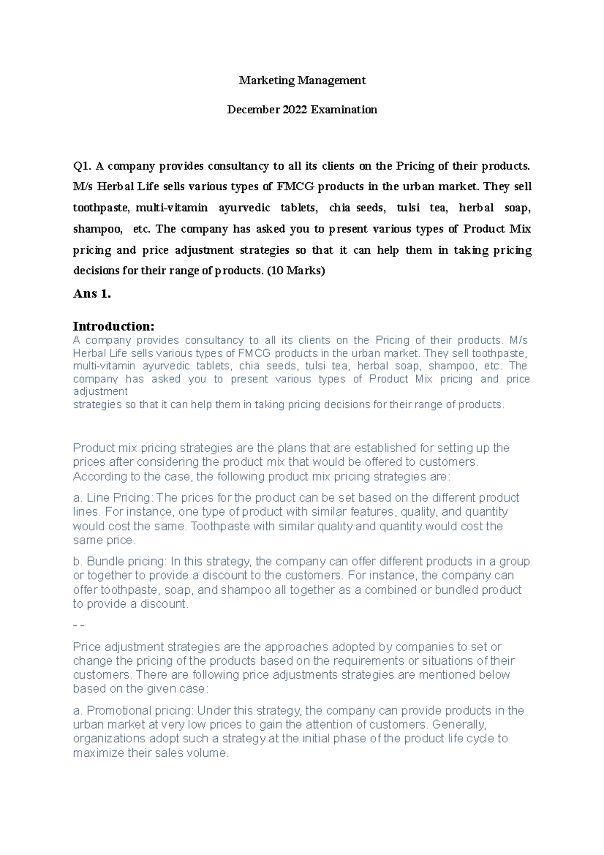 Marketing-Management - Marketing Management December 2022 Examination ...