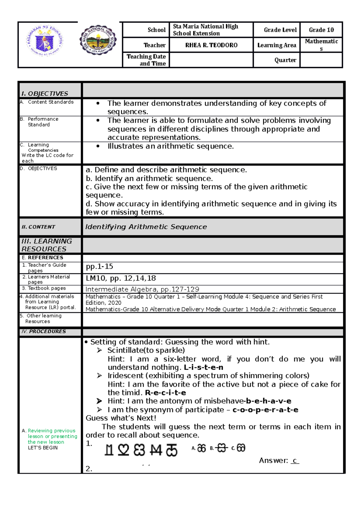 DLL sample Format School Sta Maria National High School Extension