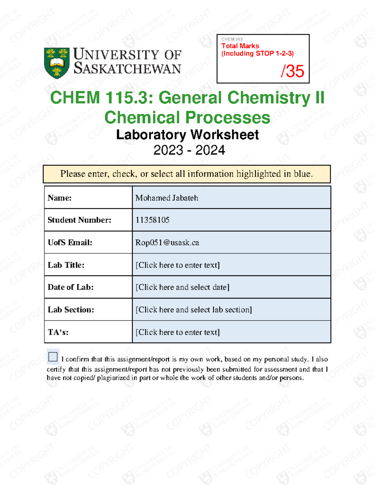 7 finish - Complete lab 7 filled in - CHEM 115: General Chemistry II Chemical Processes ...