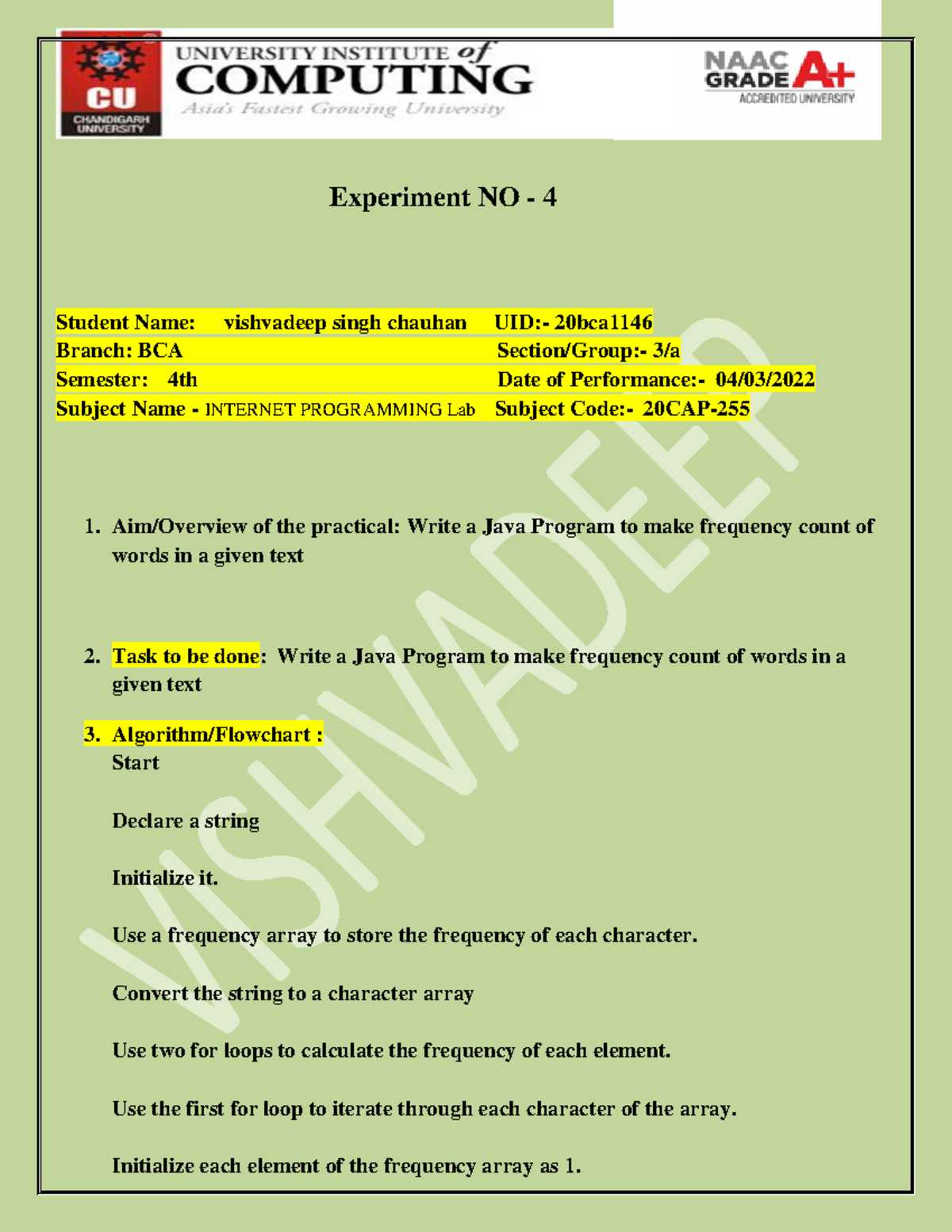 JAVA EX - 4 ( 20BCA1156 - Bachelors of Computer Applications - Studocu