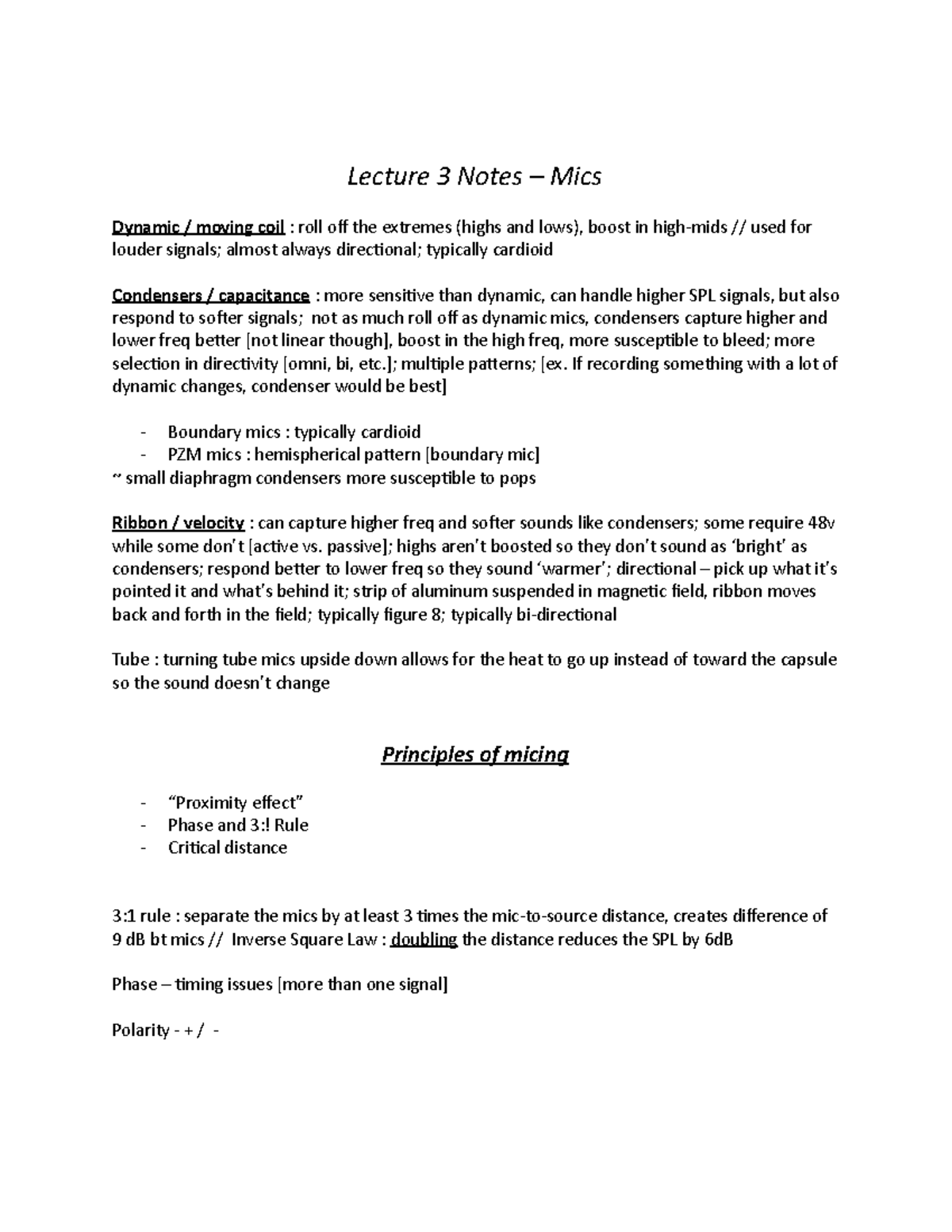 Lecture 3 Notes - Mics - Lecture 3 Notes – Mics Dynamic / moving coil ...