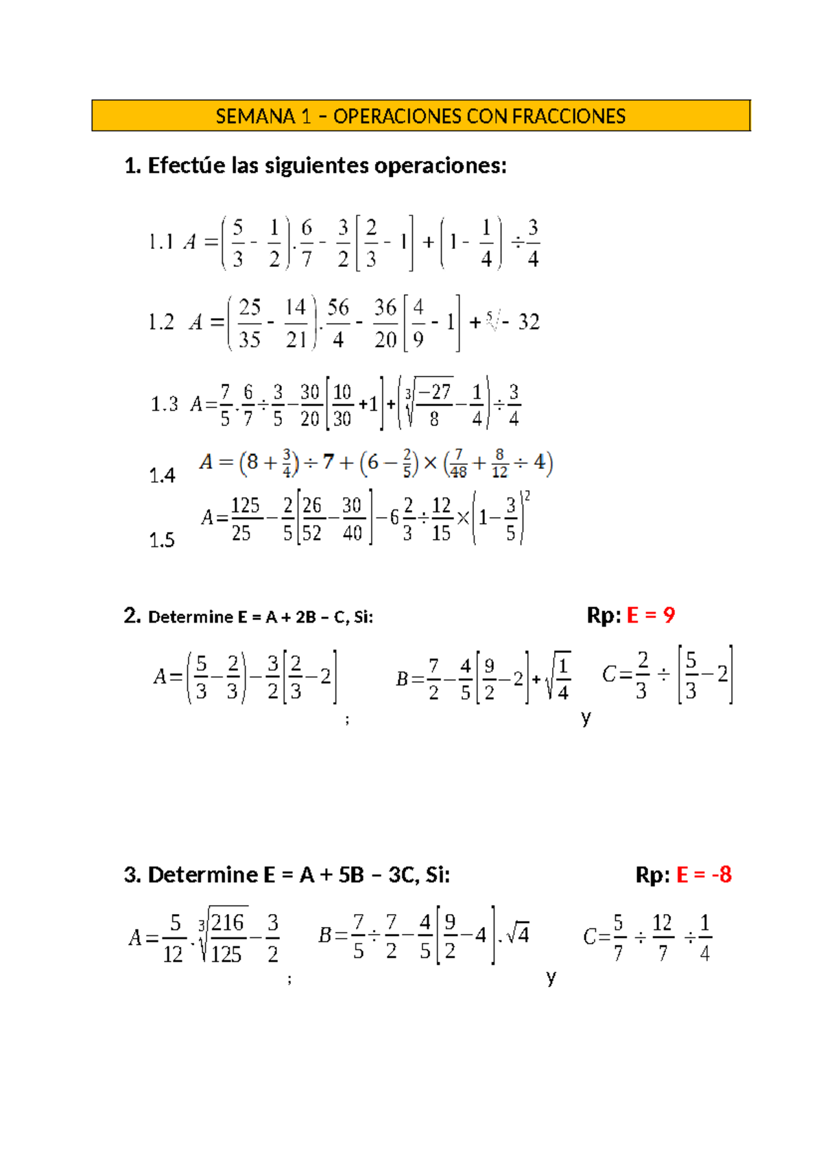 Practica 1 Fracciones - Operaciones - SEMANA 1 – OPERACIONES CON ...