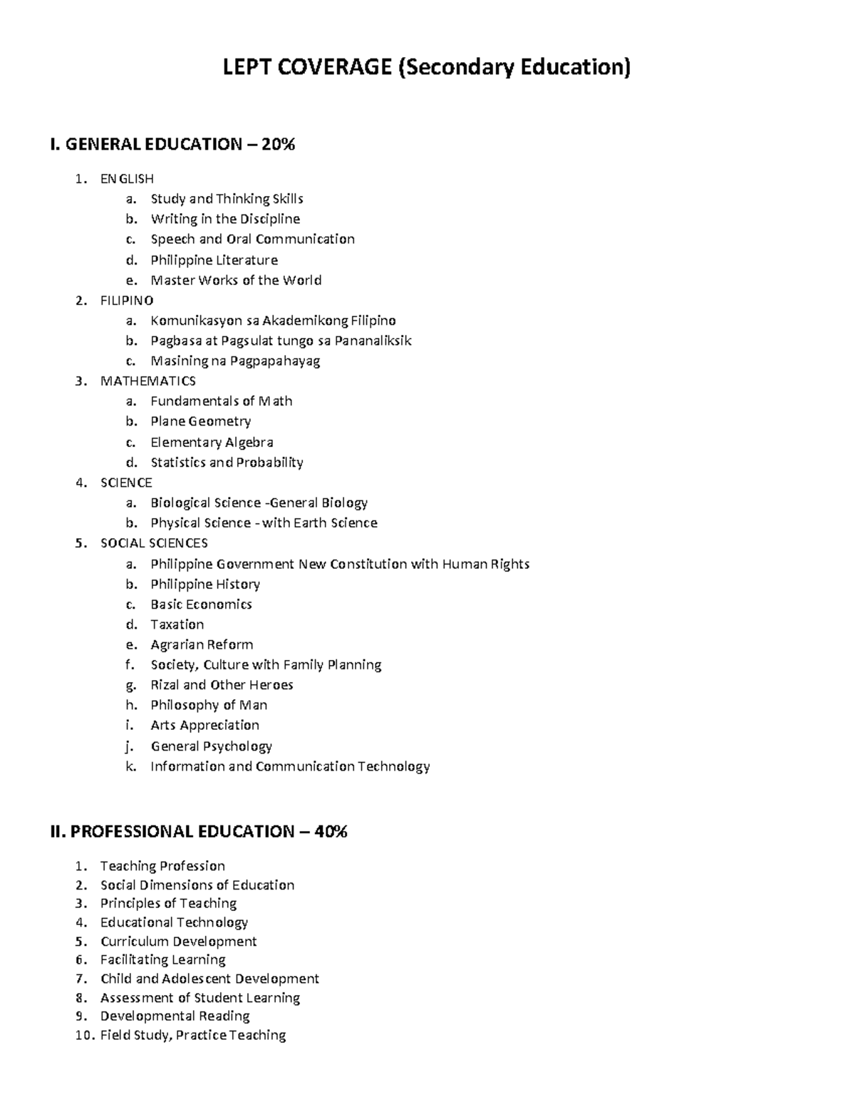 LEPT Coverage - LEPT COVERAGE (Secondary Education) I. GENERAL ...