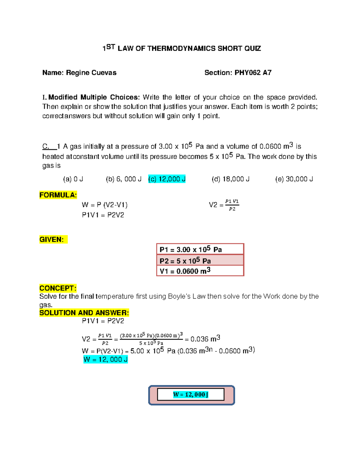 Cuevas 1ST LAW OF Thermodynamics Short QUIZ - BS Psychology - PUP - Studocu