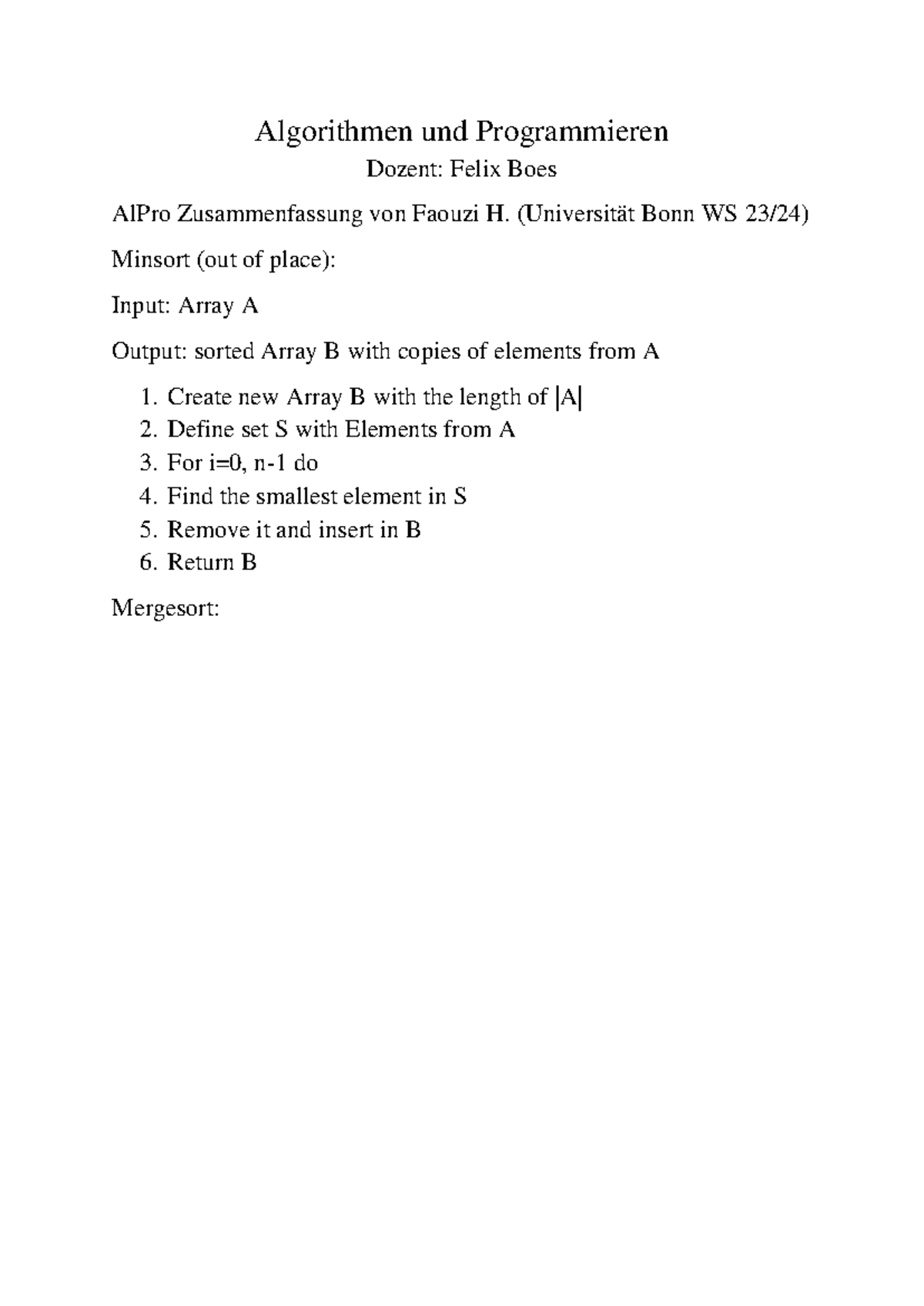 Al Pro Zusammenfassung WS23 24 - Algorithmen und Programmieren Dozent ...
