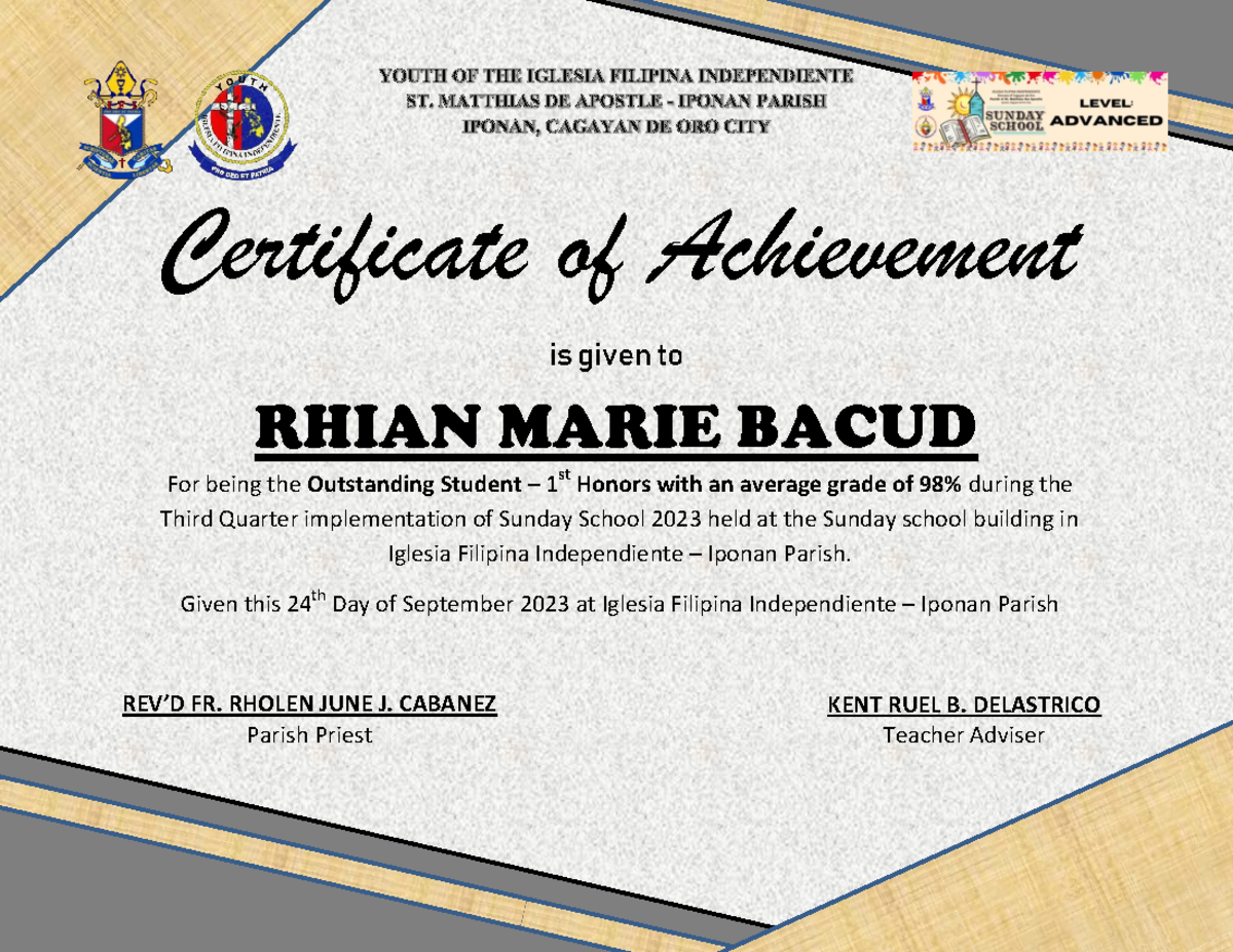Certificate - is given to RHIAN MARIE BACUD For being the Outstanding ...