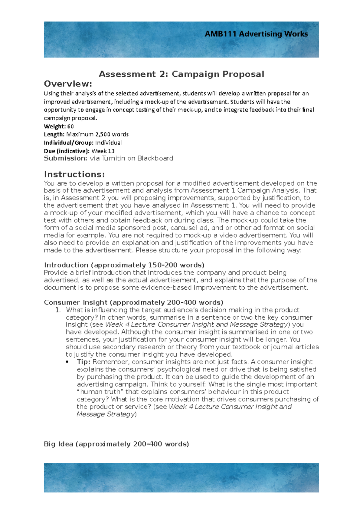 AMB111 Advertising Works Assessment 2 Campaign Proposal Instructions ...