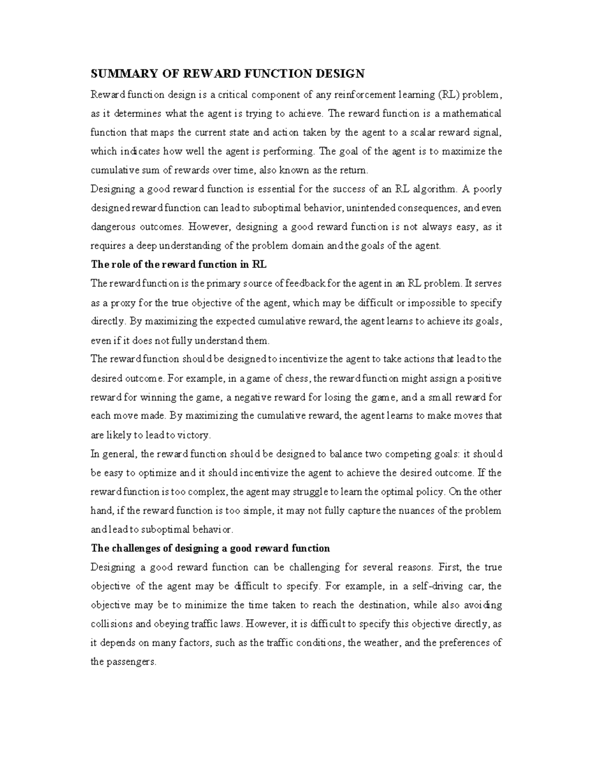 Summary Of Reward Function Design Summary Of Reward Function Design Reward Function Design Is 