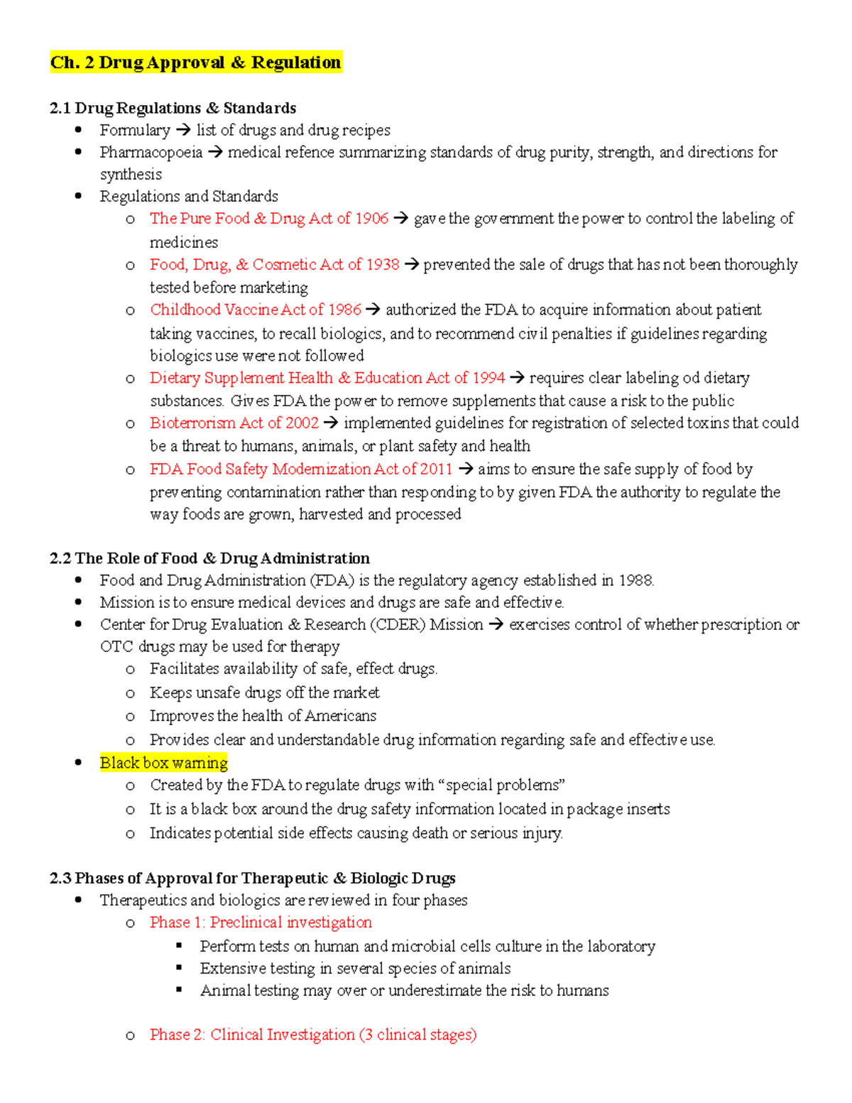 Ch. 2 Drug Approval & Regulation Notes - Ch. 2 Drug Approval ...