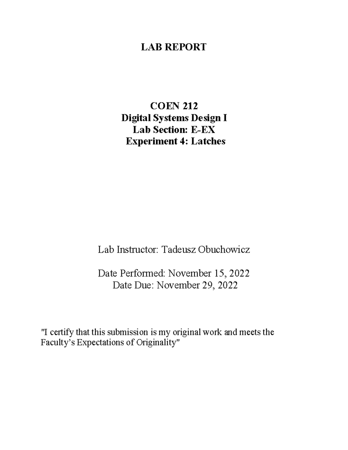 COEN Lab 4 report 2 - LAB REPORT COEN 212 Digital Systems Design I Lab ...