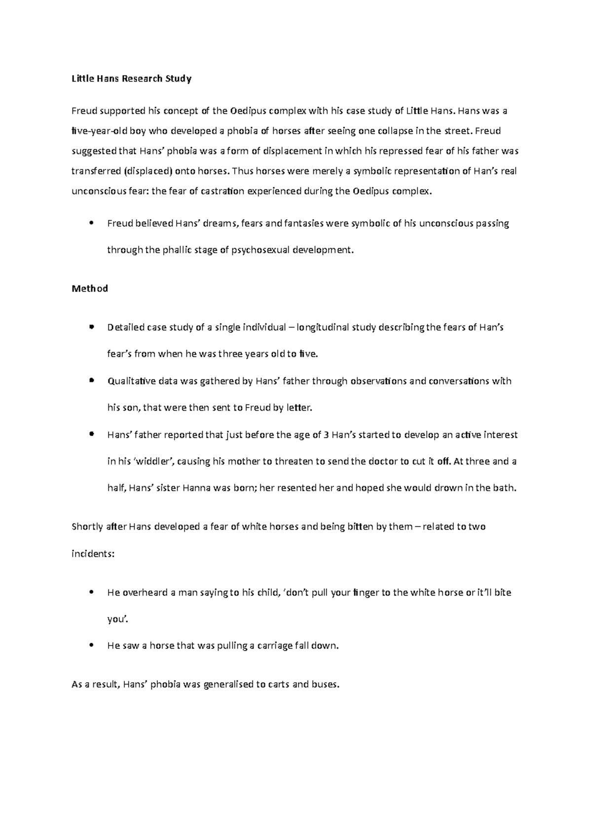 Little hans - Grade: a* - Little Hans Research Study Freud supported ...