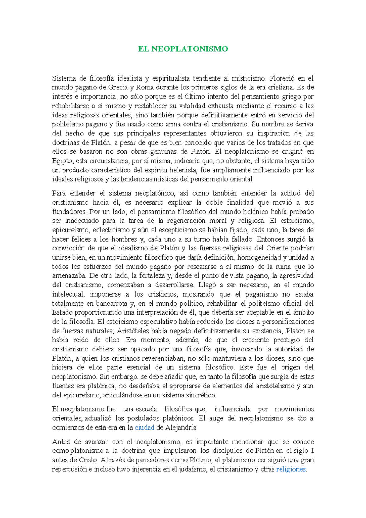 El Neoplatonismo Y La Patristica - EL NEOPLATONISMO Sistema de ...