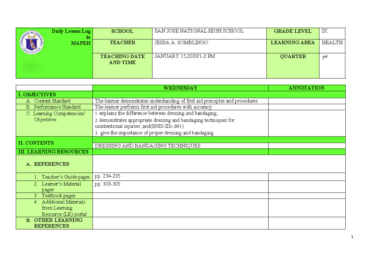 Pdfcoffee - COT DLL - Daily Lesson Log in MAPEH SCHOOL SAN JOSE NATIONAL HIGH SCHOOL GRADE LEVEL ...