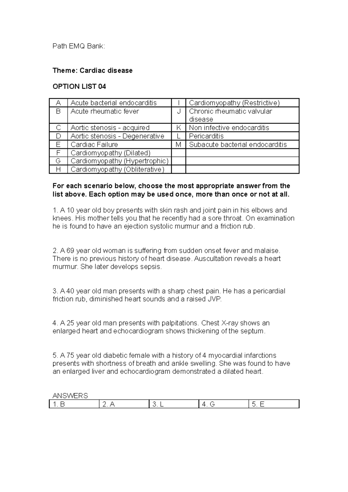 Sample/practice exam 2014, questions and answers - Path EMQ Bank: Theme ...