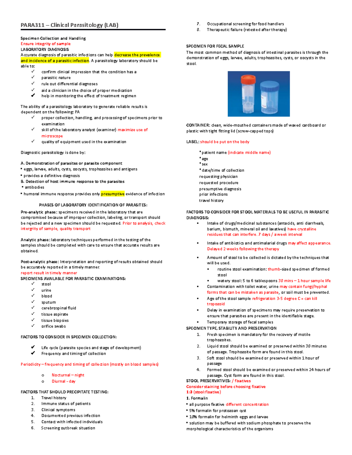 PARA311 - Specimen Collection and Handling and Routine Stool ...