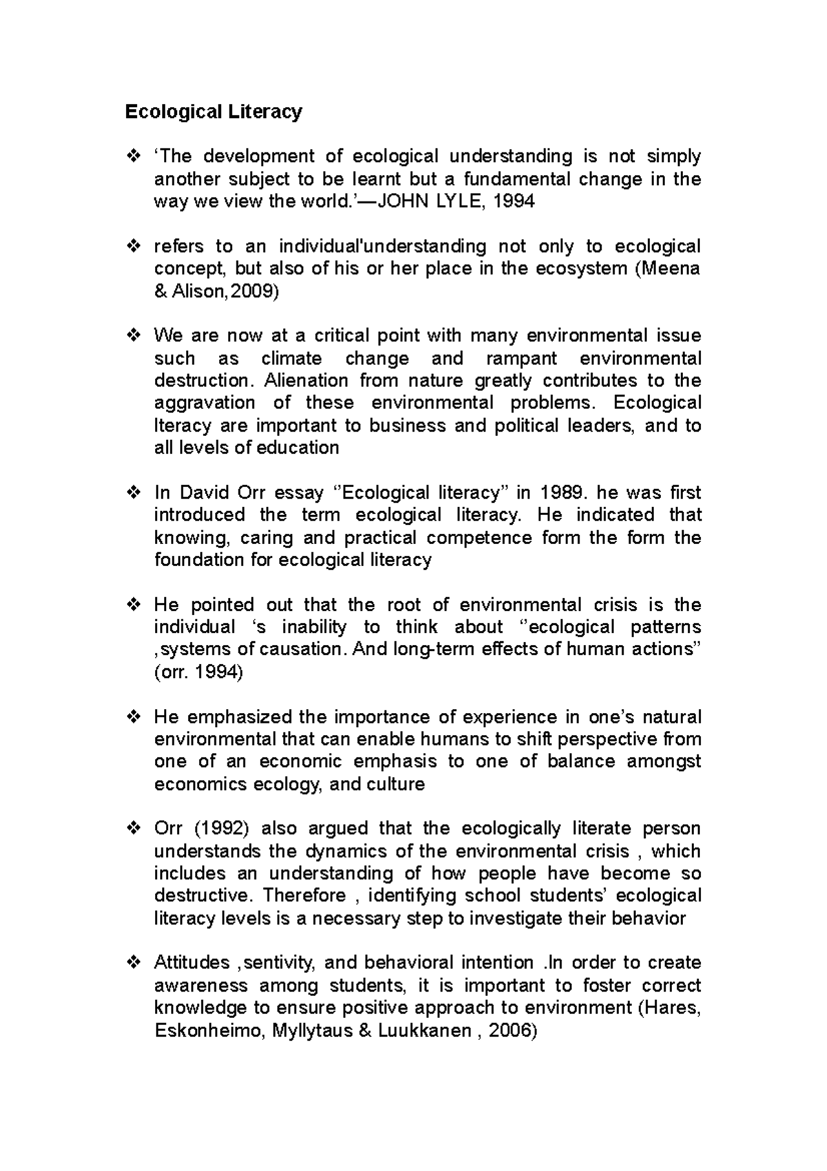 Ecological Literacy Lecture Notes - Ecological Literacy ‘The ...