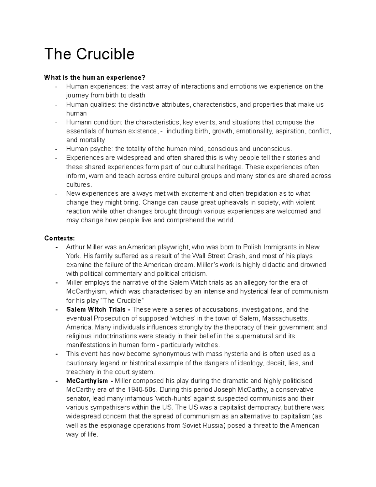 Texts and Human Experiences Notes - The Crucible What is the human ...