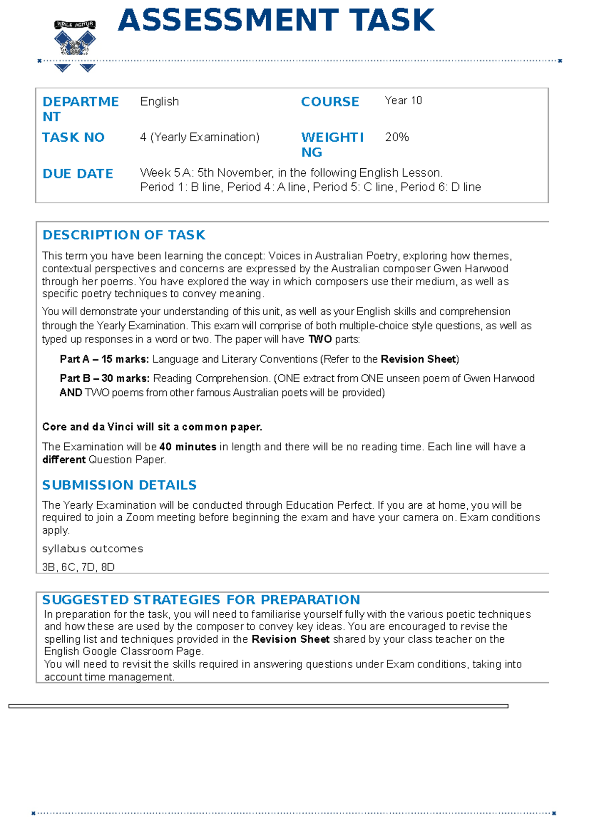 2021English Year 10Examination Notification - DEPARTME NT English ...