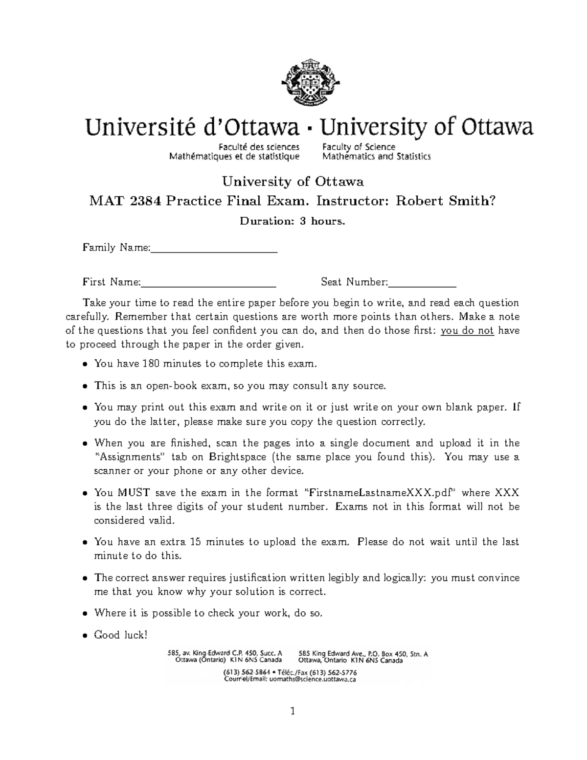 Final 19 2 May 2019, questions and answers - University of Ottawa MAT ...