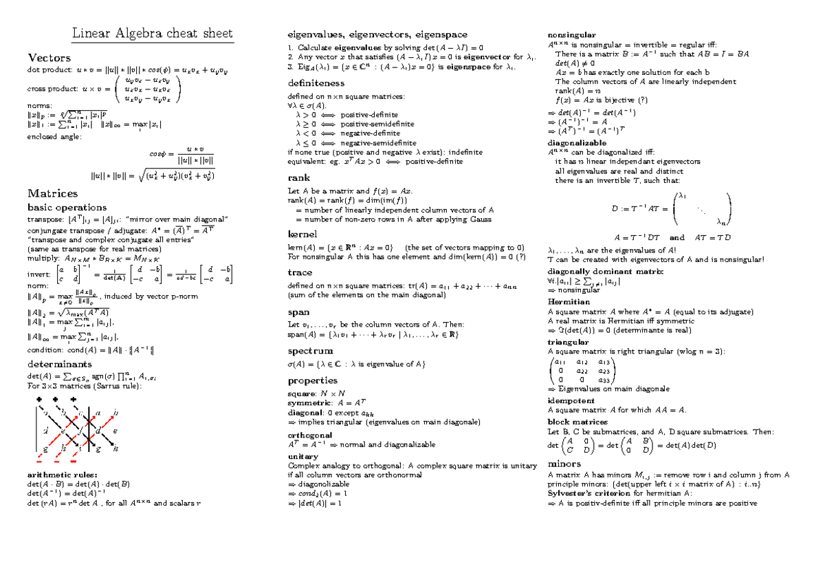 Linear Algebra Cheatsheet 1 - Linear Algebra Cheat Sheet Vectors Dot