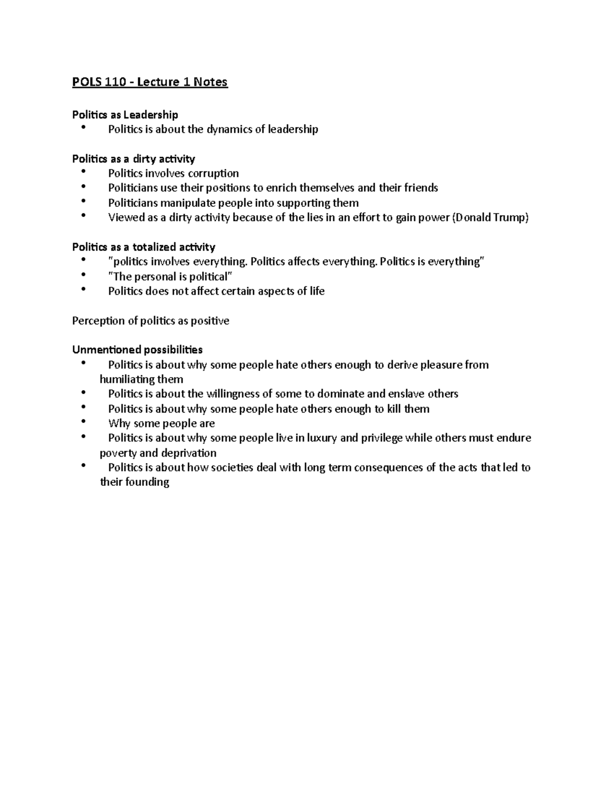 POLS 110 - Lecture notes 2 - POLS 110 - Lecture 1 Notes Politics as ...