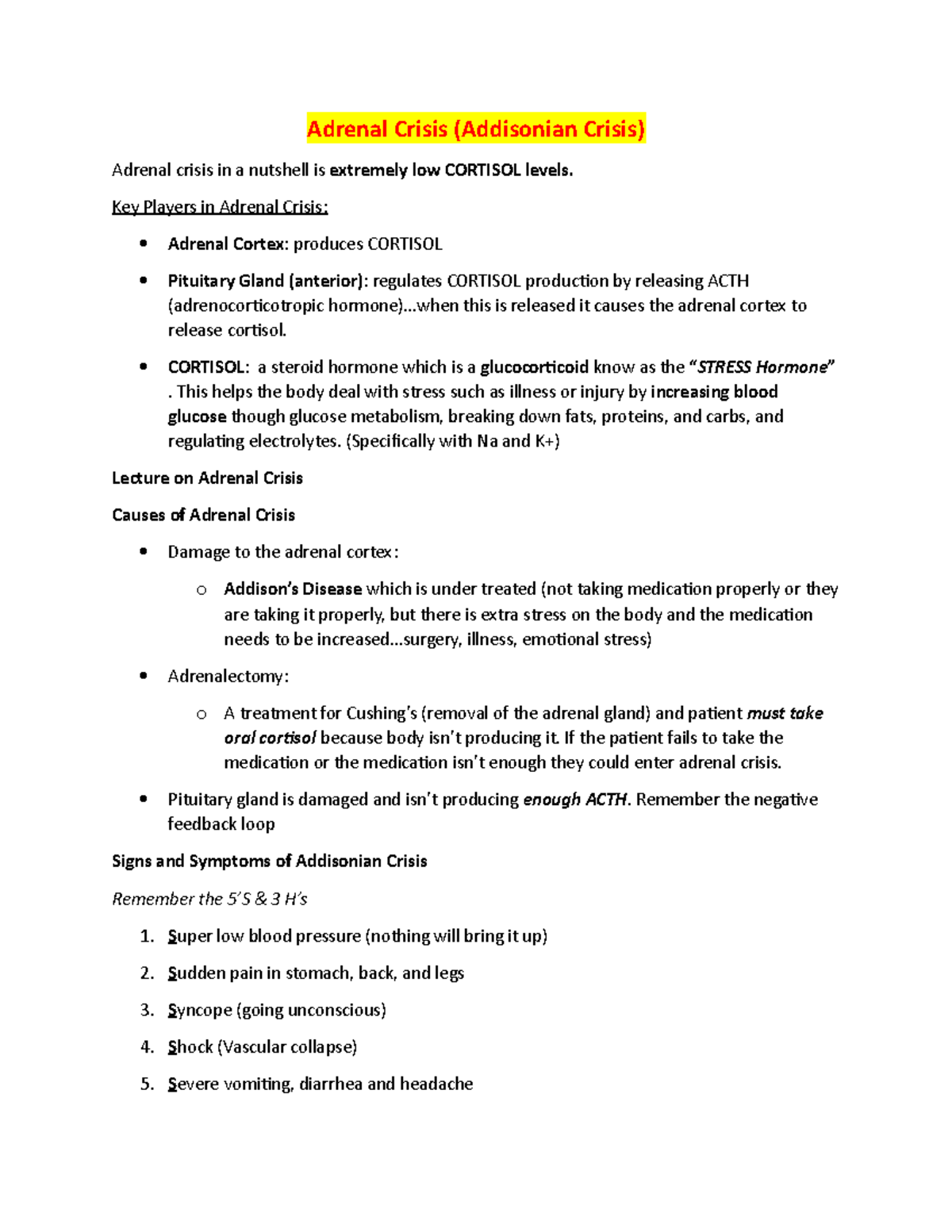 Adrenal Crisis - These are my lecture notes on the Endocrine system. It ...