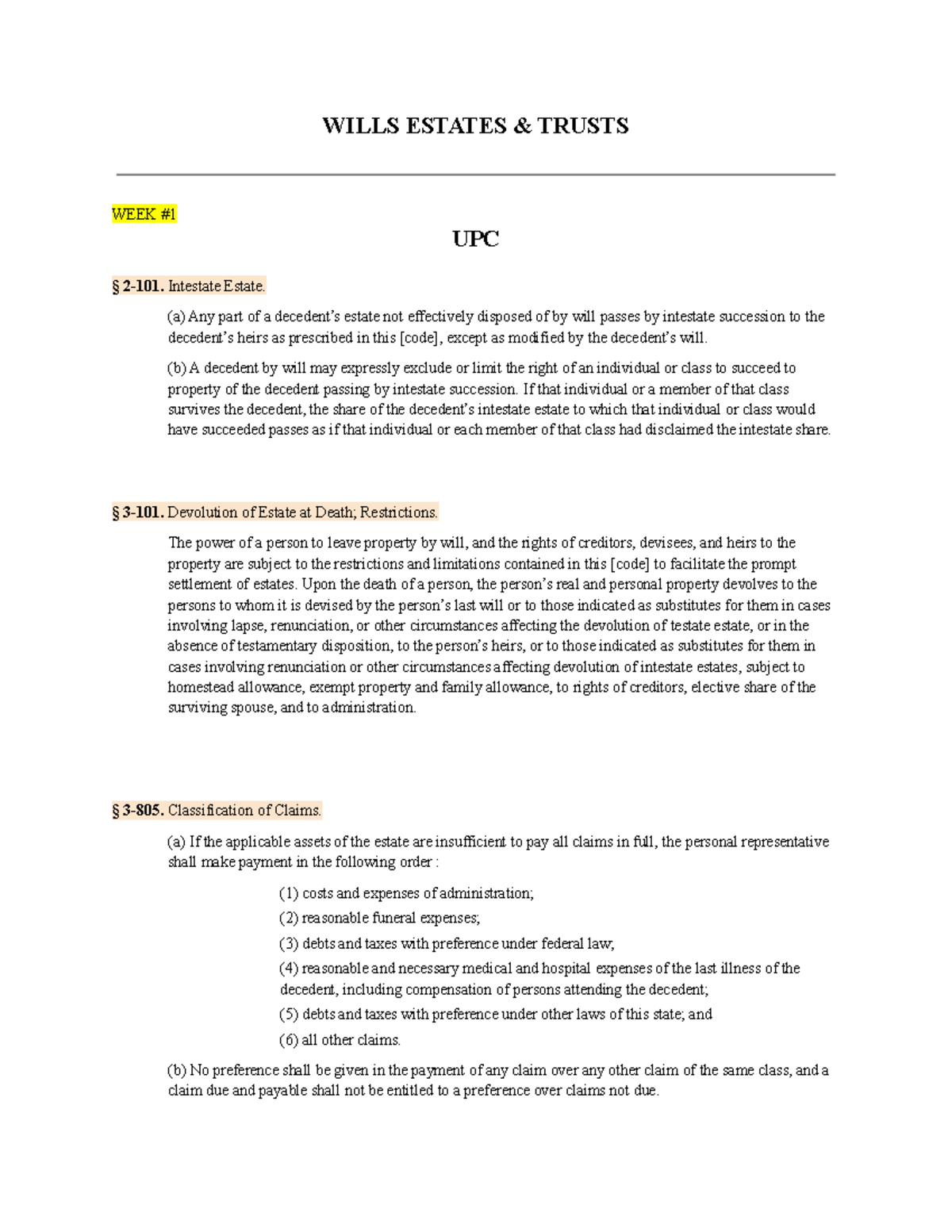 Wills Outline - statutes per weeks that needed to memorized. - WILLS ...