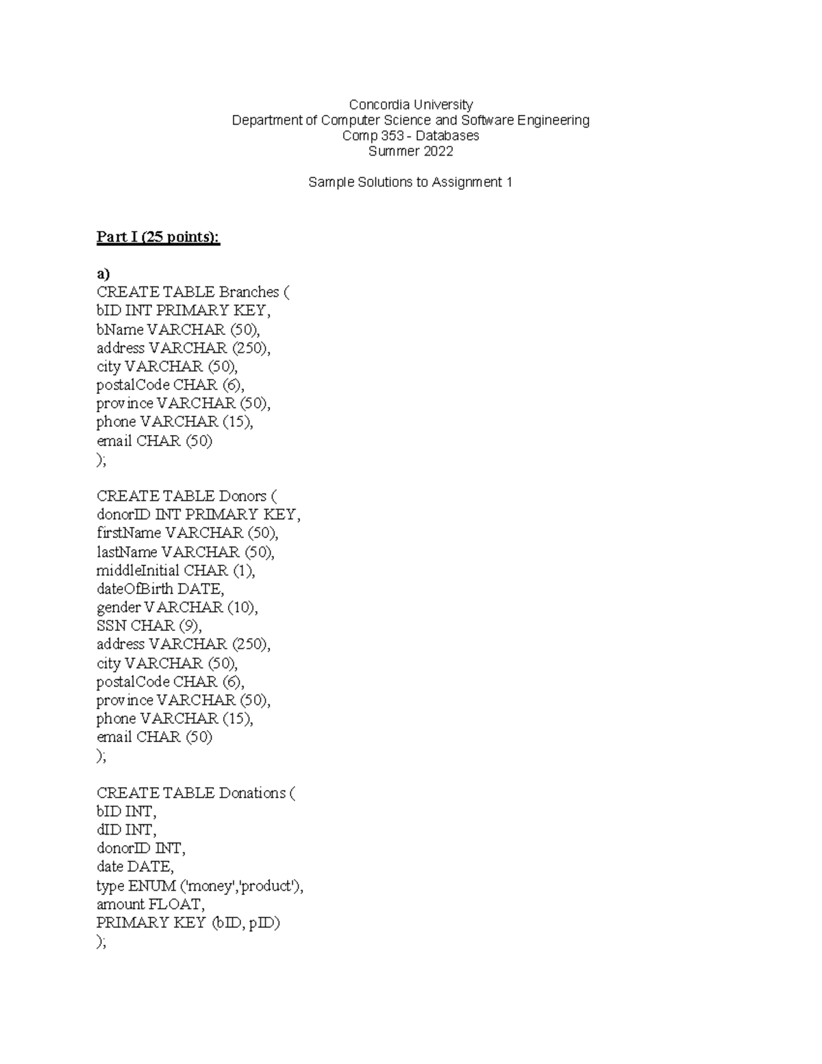 Comp353 Summer 2022 Solution 1 - Concordia University Department of Computer Science and ...