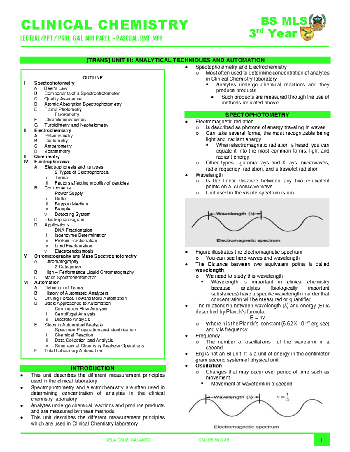 Unit 3 - Clinical Chemistry Trans notes - CLINICAL CHEMISTRY LECTURE ...
