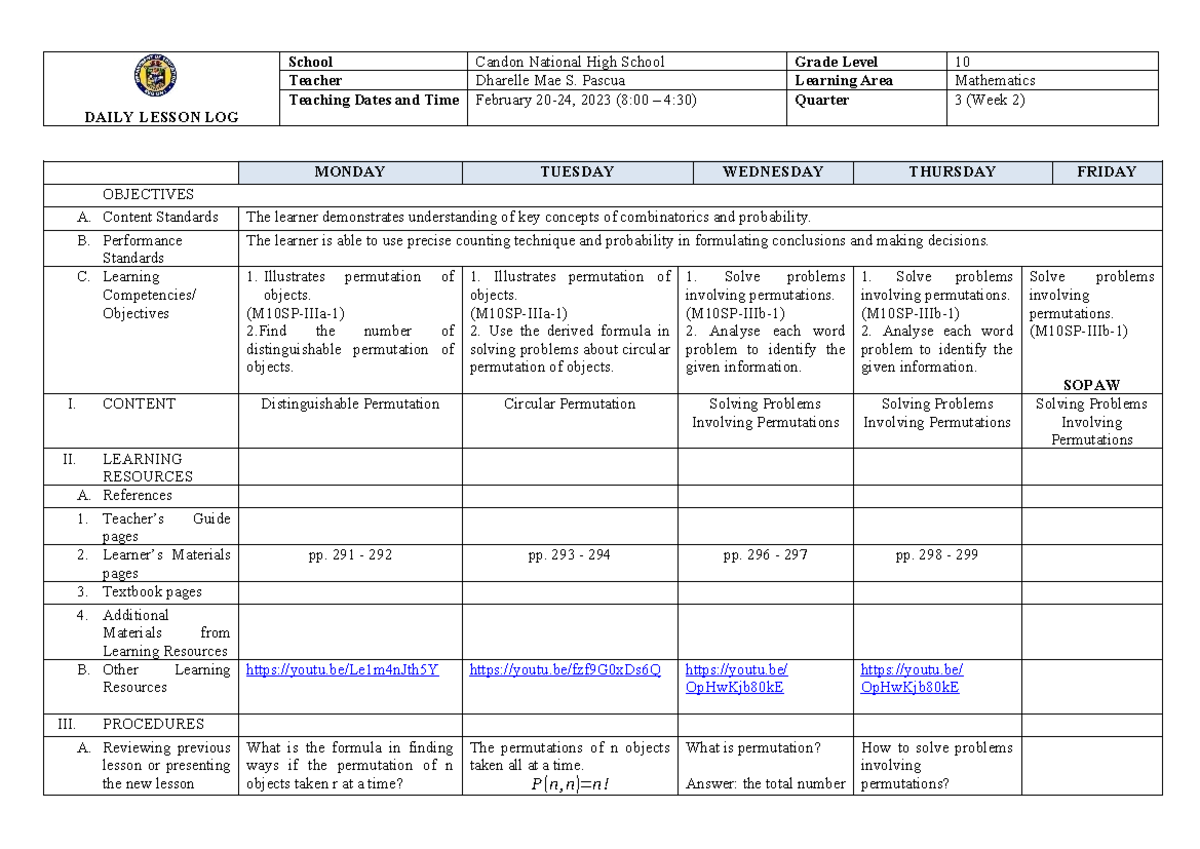 DLL Q3 W2 - DAILY LESSON LOG School Candon National High School Grade ...