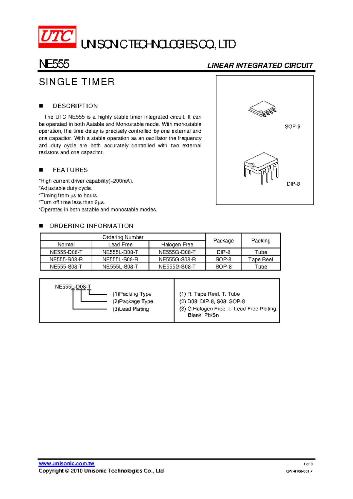 NE555 - UNISONIC TECHNOLOGIES CO., LTD NE555 LINEAR INTEGRATED CIRCUIT ...