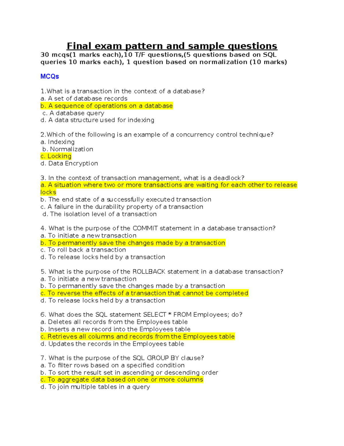 Final Exam sample questions with answers - Final exam pattern and sample questions 30 mcqs(1 ...