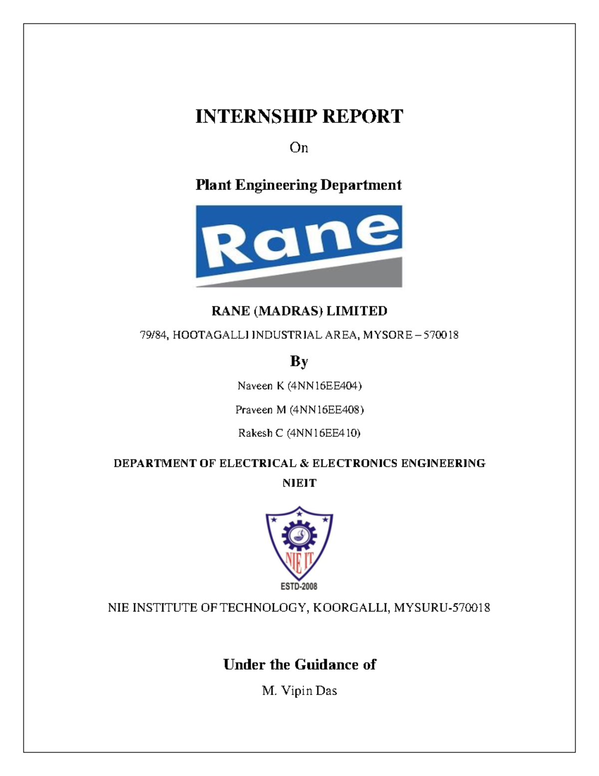 Pdfcoffee - Project report - INTERNSHIP REPORT On Plant Engineering Department RANE (MADRAS ...