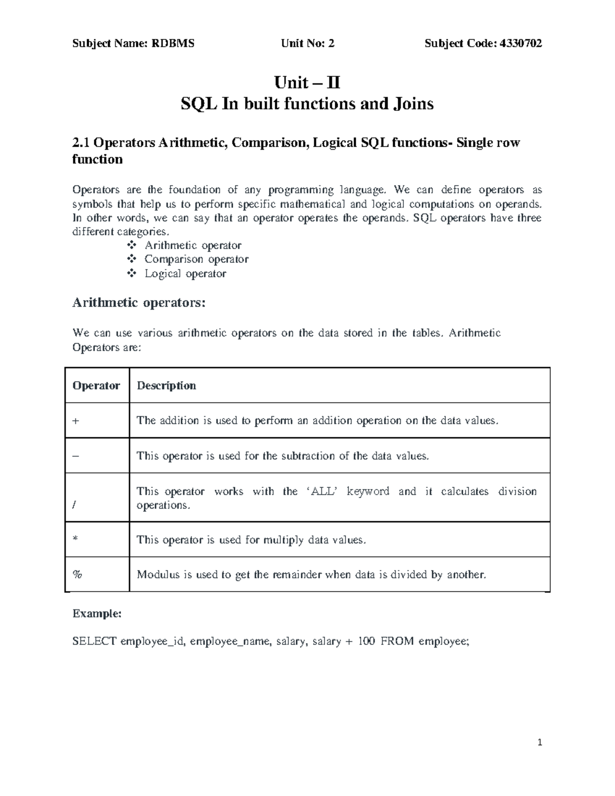 Rdbms-UNIT-2 - dfh - Unit – II SQL In built functions and Joins 2 Operators Arithmetic ...