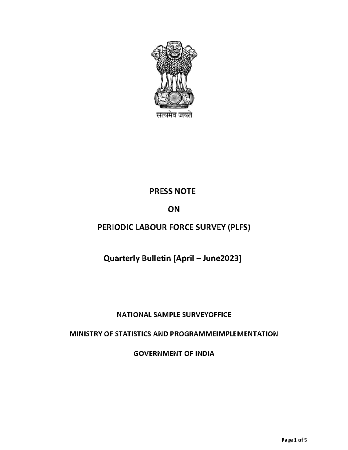 Press note QB April to June 2023 - PRESS NOTE ON PERIODIC LABOUR FORCE ...