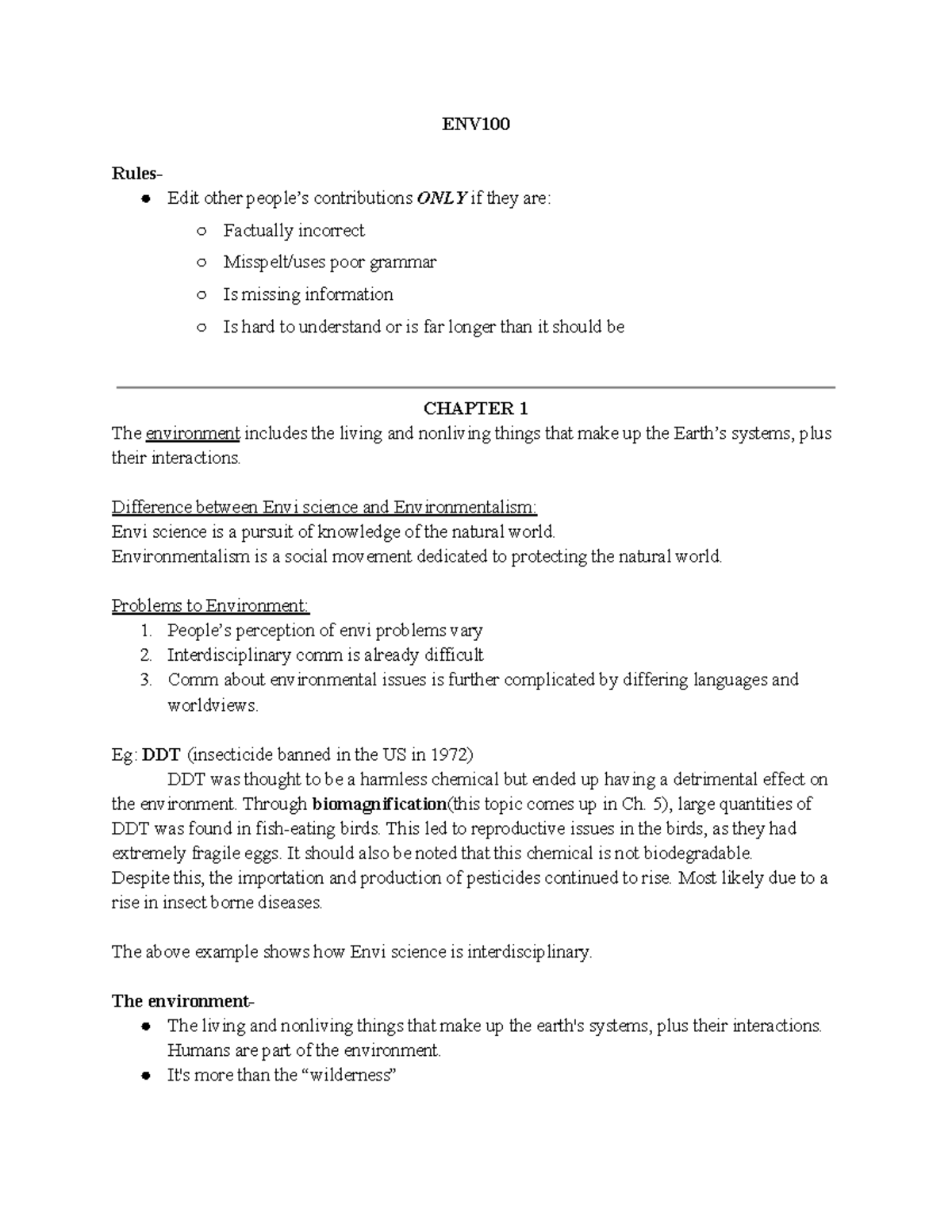 ENV100 - chapter 1 notes - Env100H1 - U of T - Studocu
