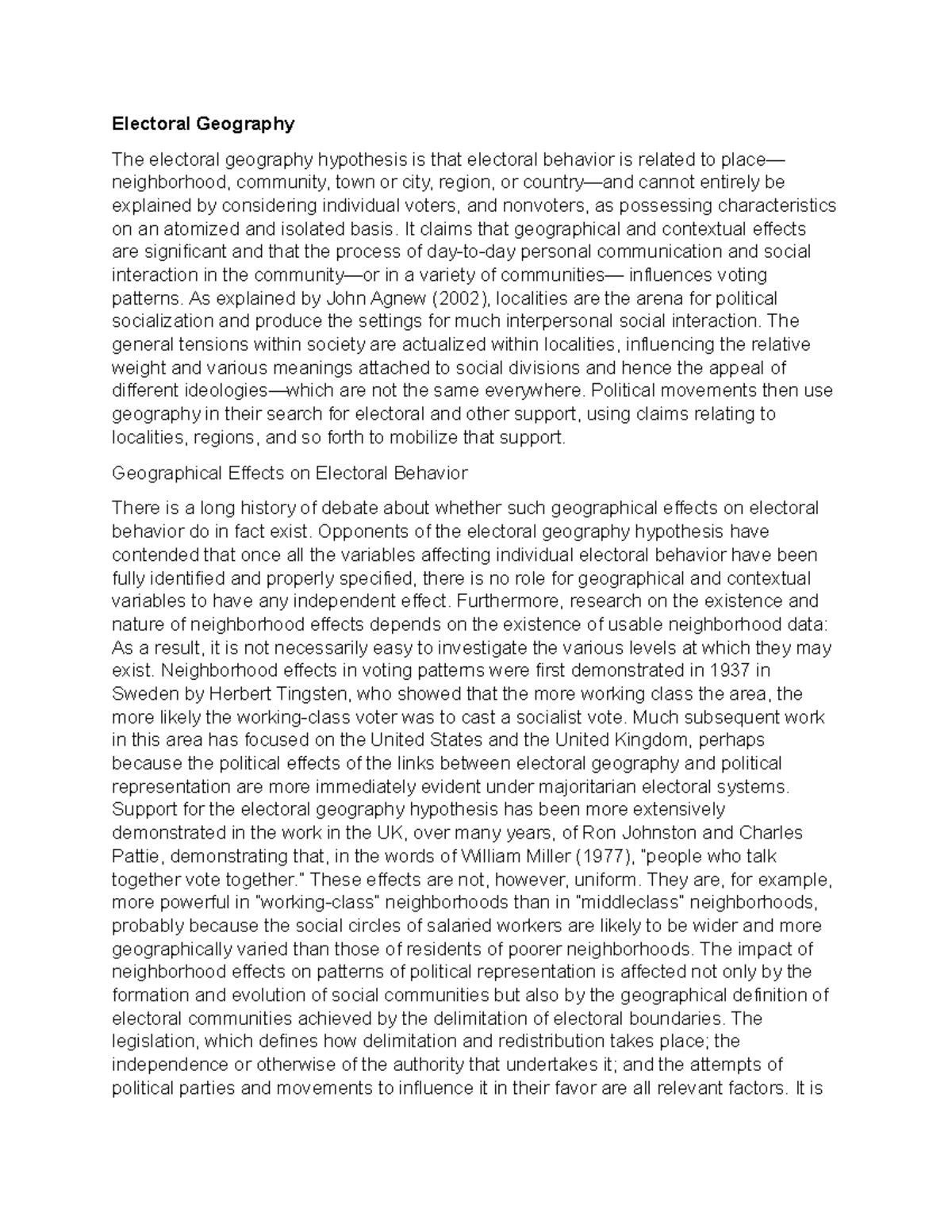 Electoral Geography - Lecture notes in - Electoral Geography The ...