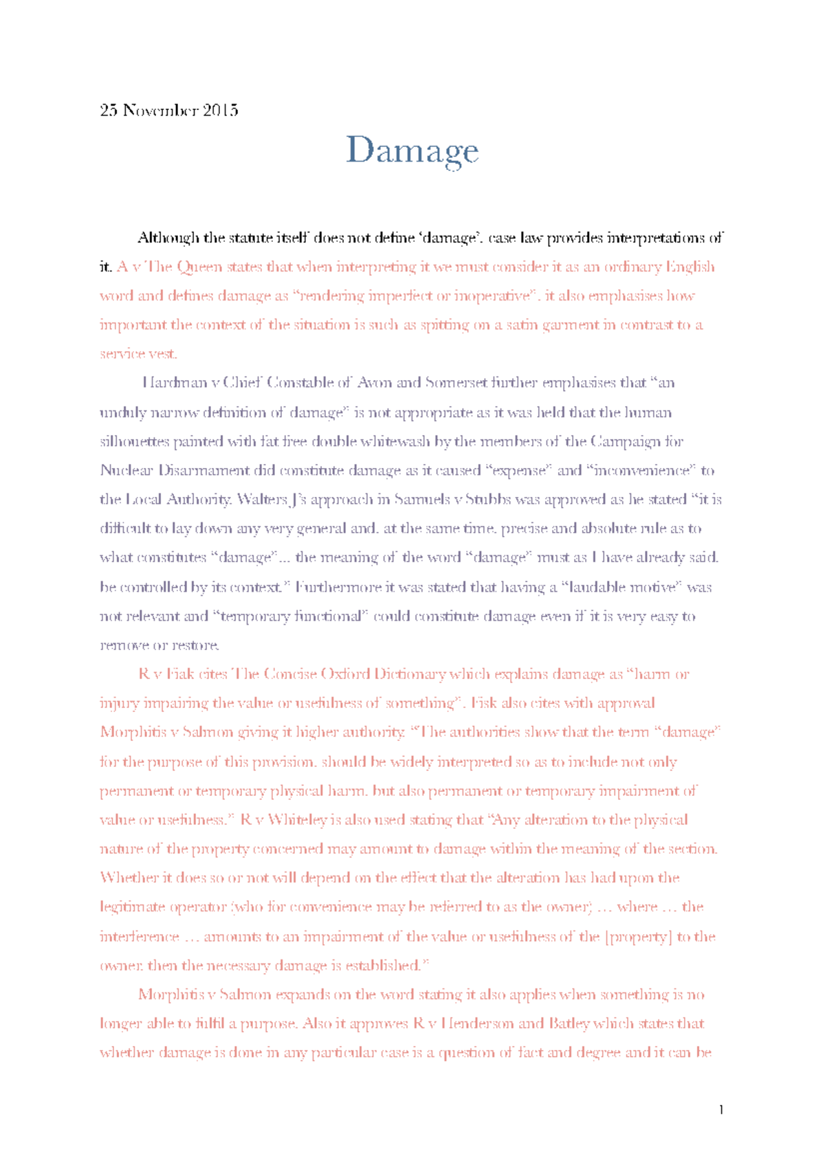 Damage - Lecture notes 2 - 25 November 2015 Damage Although the statute ...