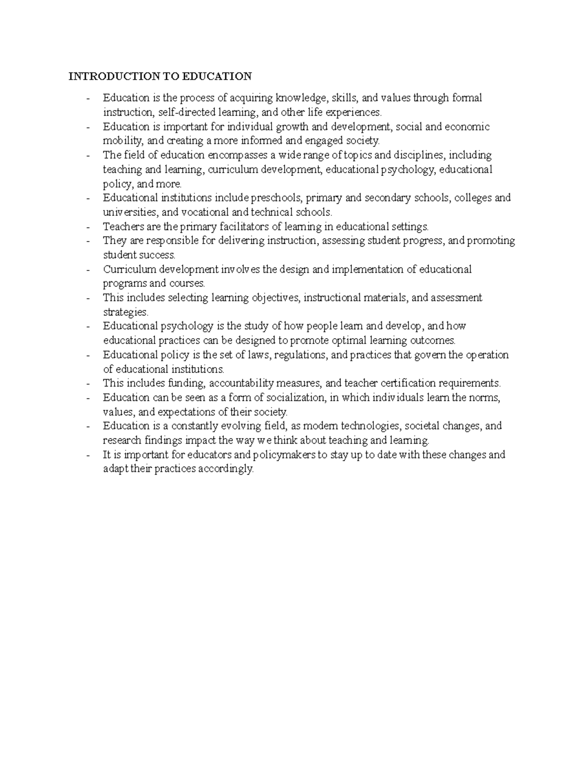 Introduction TO Education Notes 1 - INTRODUCTION TO EDUCATION Education ...