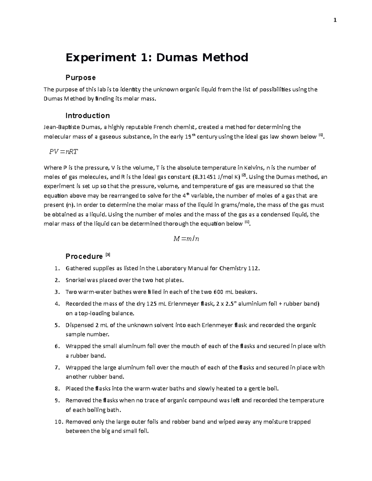 Lab 1 - Dumas Method - Chem lab - Experiment 1: Dumas Method Purpose ...