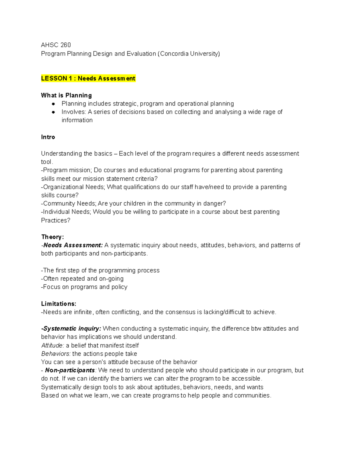 AHSC 260 midterm - NOTES - AHSC 260 Program Planning Design and ...