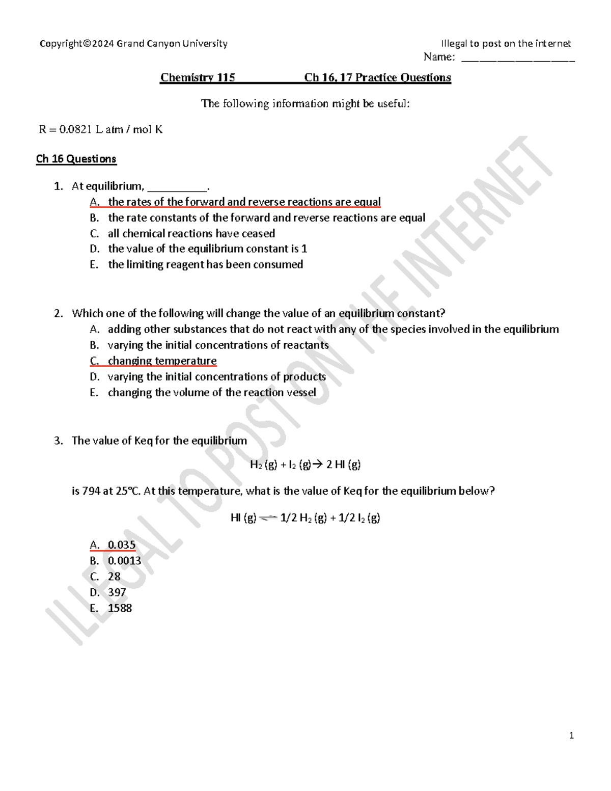 PQ2 - Ch 16, 17 Practice Questions FA2024 Final - Name: ___________________ Chemistry 115 Ch 1 6 ...