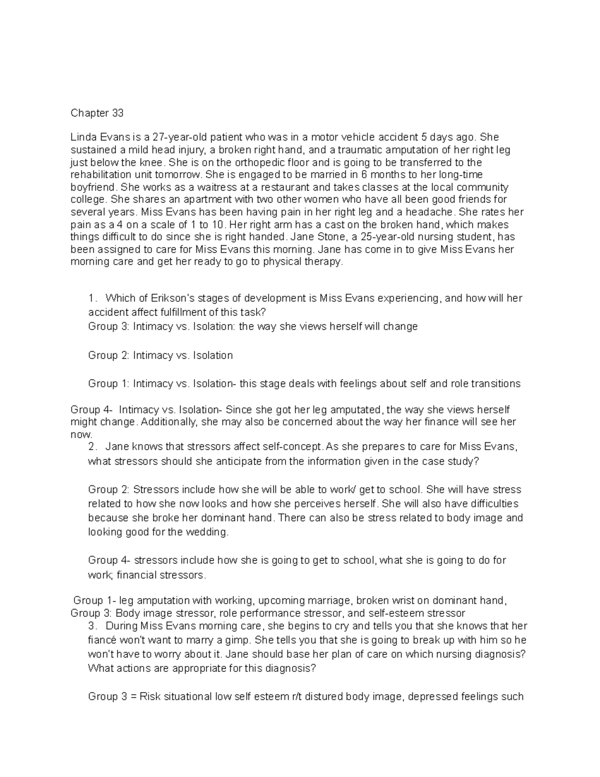 Linda evans case stud - Case Study - Chapter 33 Linda Evans is a 27-year-old patient who was in ...