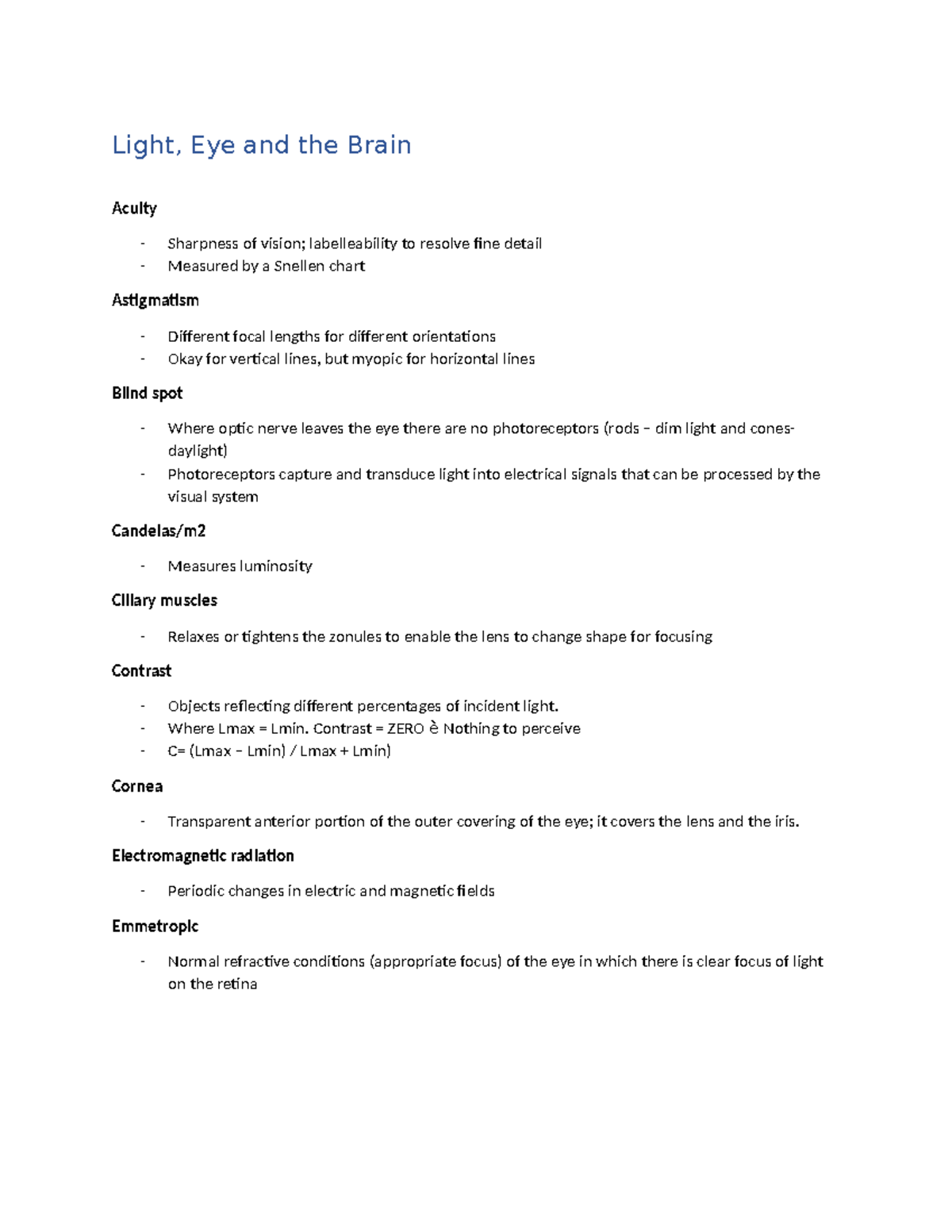 Perception Final EXAM Notes - Light, Eye and the Brain Acuity ...