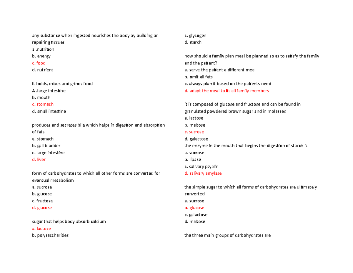 Nutrition and diet therapy quiz - any substance when ingested nourishes ...