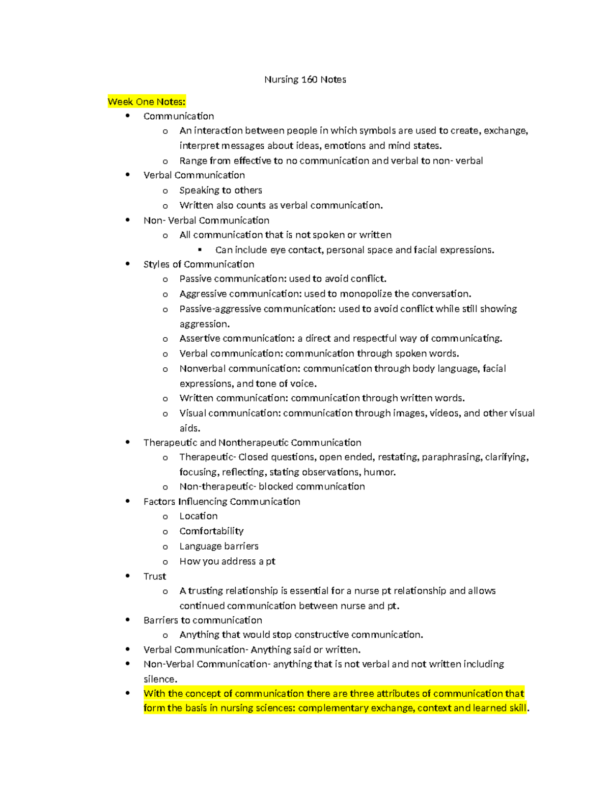 Nursing 160 Notes - Nursing 160 Notes Week One Notes: Communication o ...