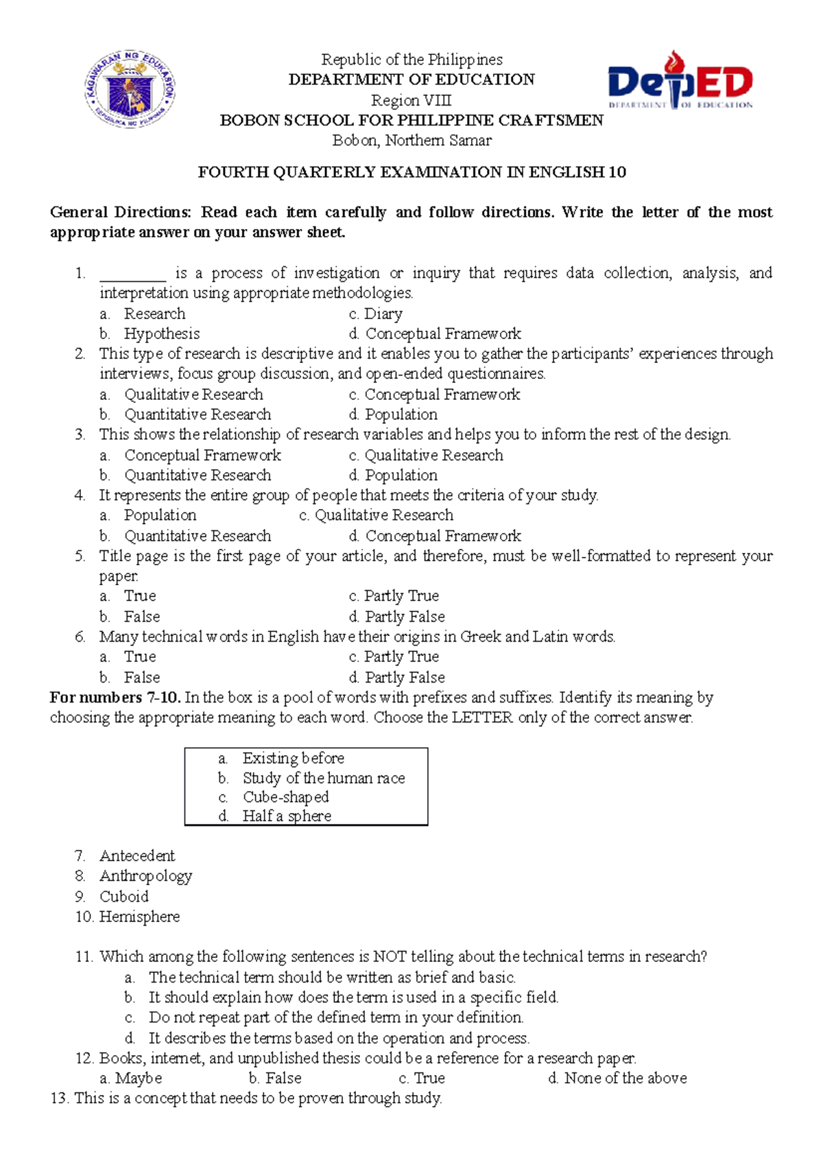 TQ ENG 10 4th - A sample test question material designed for teachers ...